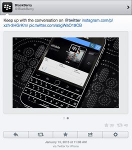 @BlackBerry, cuenta oficial de Twitter, publica desde iPhone